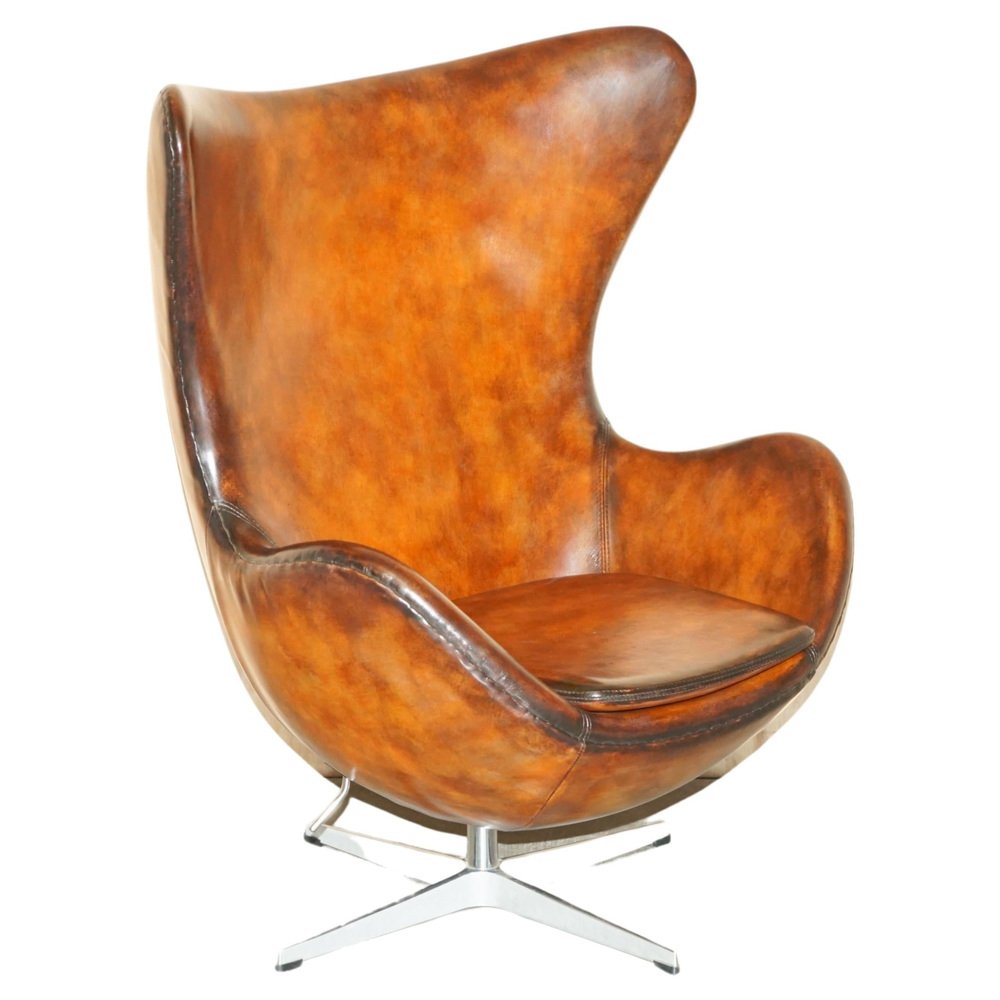 Vintage Egg Chair Whisky Brown Leather in the style of Fritz Hansen for ...