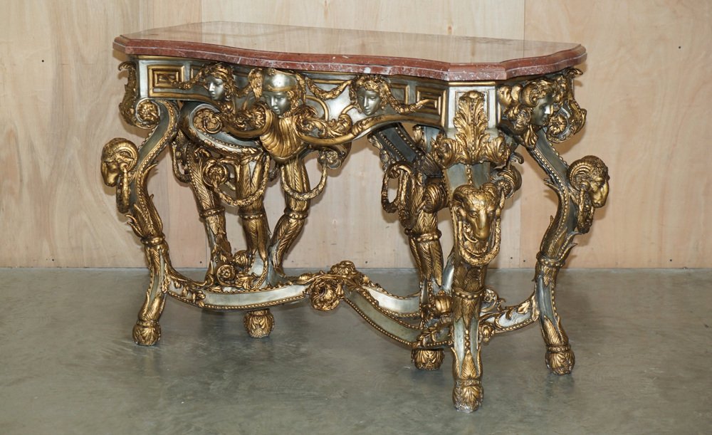 Baroque Metal Rams & Maiden Head Marble Topped Console Table for sale ...