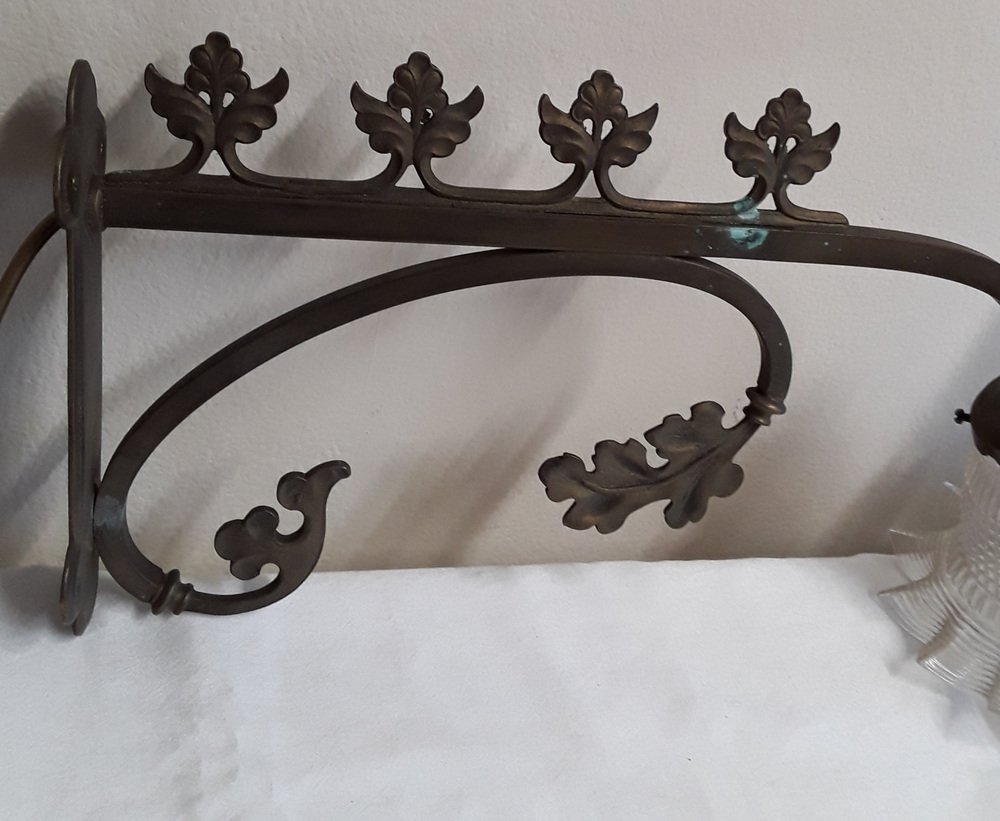 Neo-Gothic German Wall Lamp with Brass Frame & Original Glass Shade ...