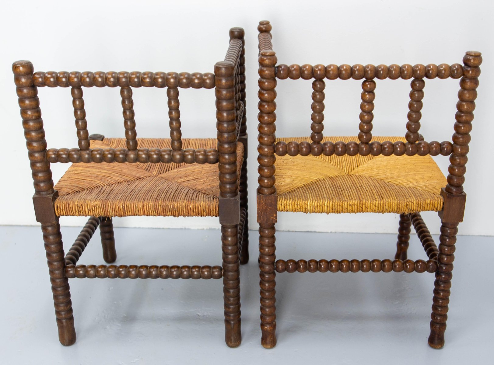 French Turned & Straw Beech Chairs, 1940s, Set of 2 for sale at Pamono