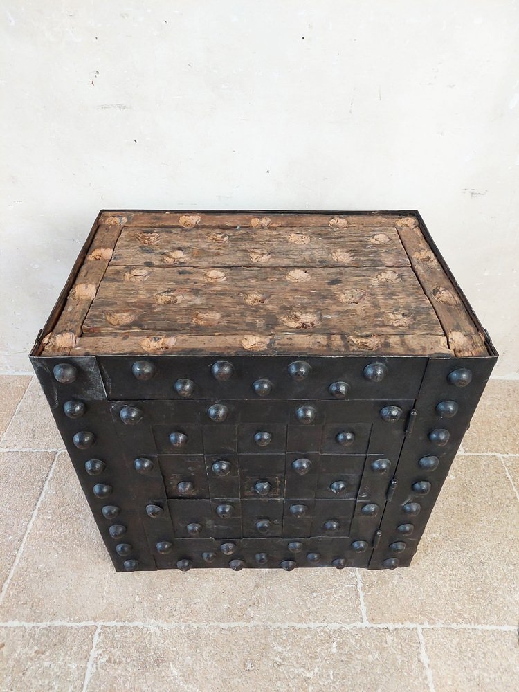 Antique French Wrought Iron Over Wood Hobnail Safe for sale at Pamono