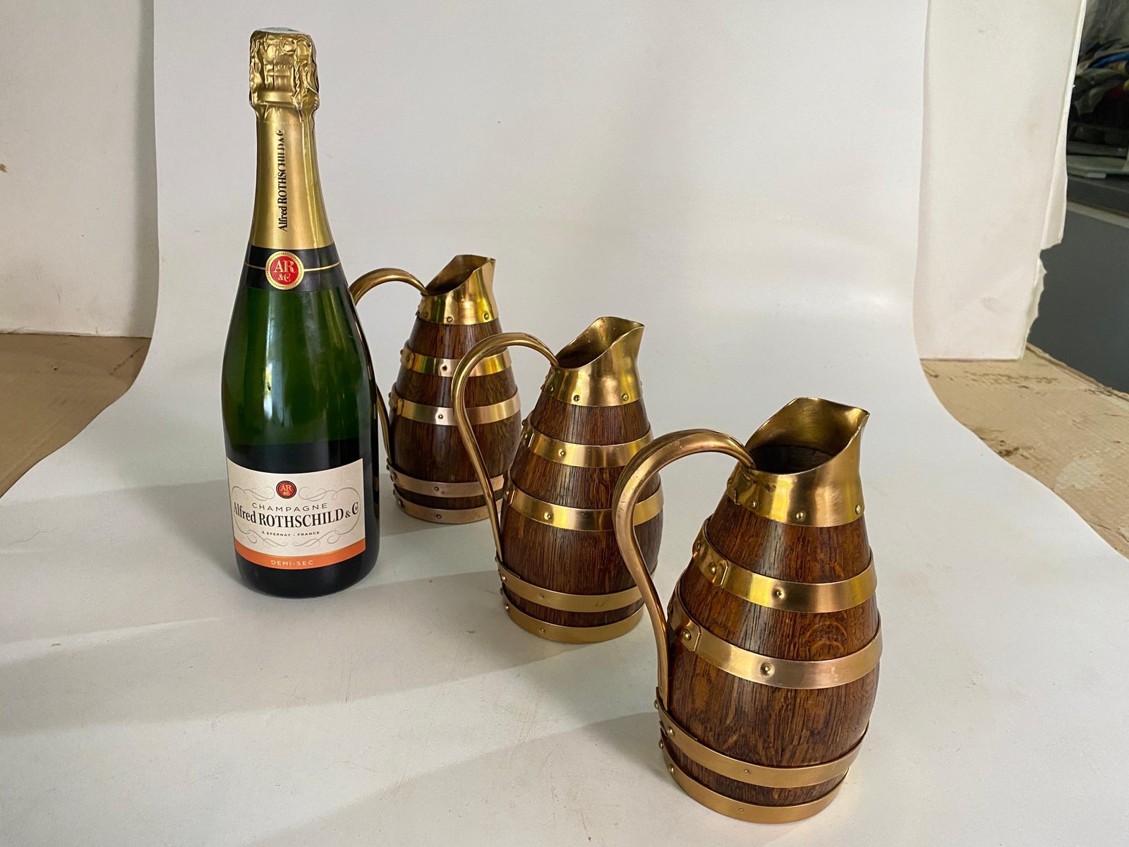 Oak and Brass Barrel Form Pitchers from Gerard Lafitte, France, 1933 ...