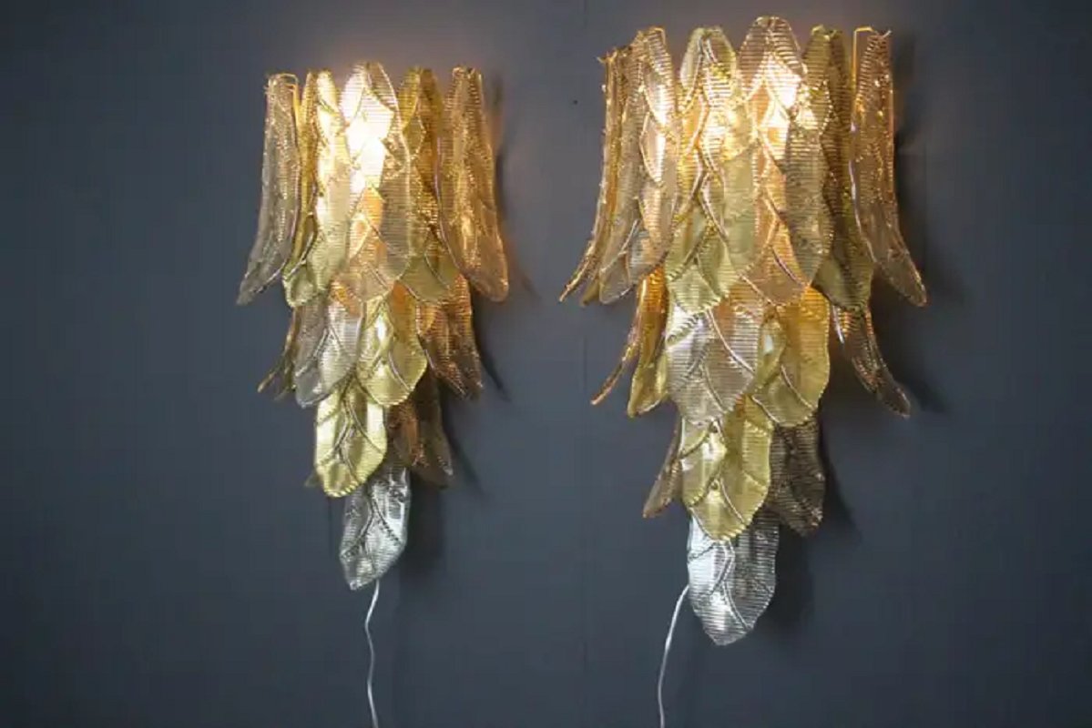 Long Textured Golden and Smoked Murano Glass Sconces in Palm Tree Shape ...