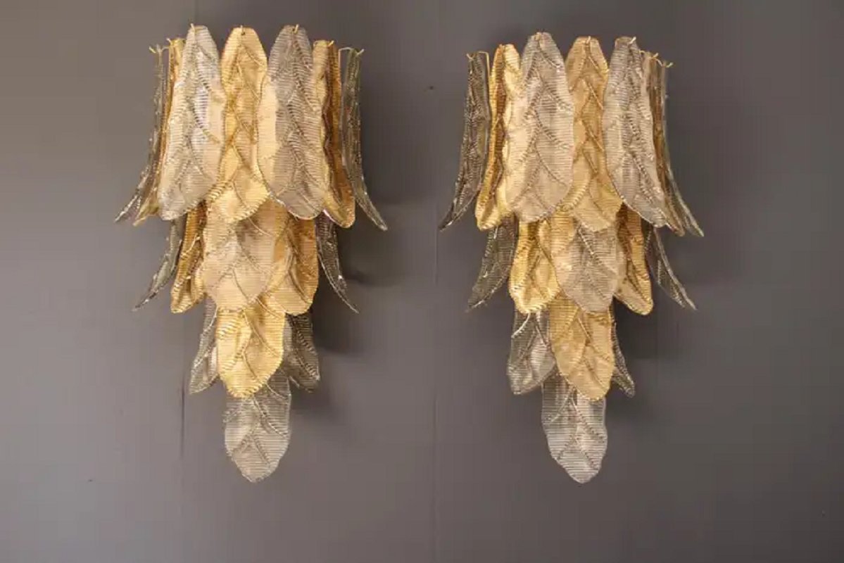 Long Textured Golden and Smoked Murano Glass Sconces in Palm Tree Shape ...