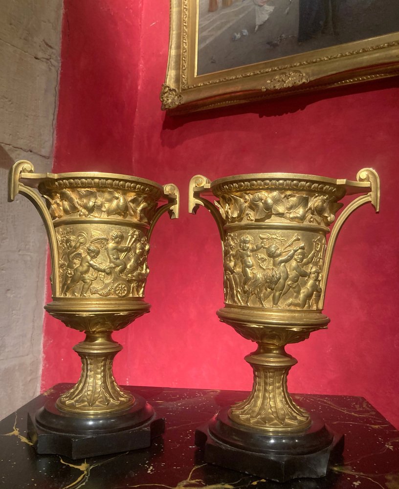 French 18th Century Louis XVI Ormolu Vases with Handles and Relief ...