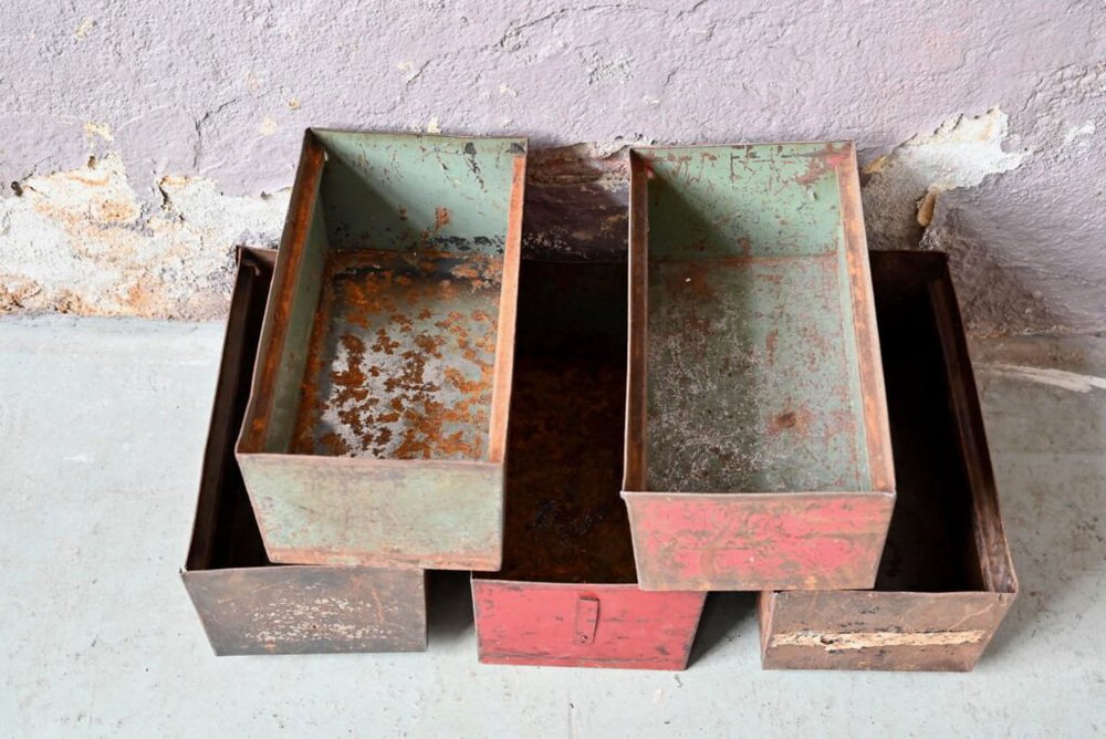 Industrial Metal Boxes, 1940s, Set of 5 for sale at Pamono