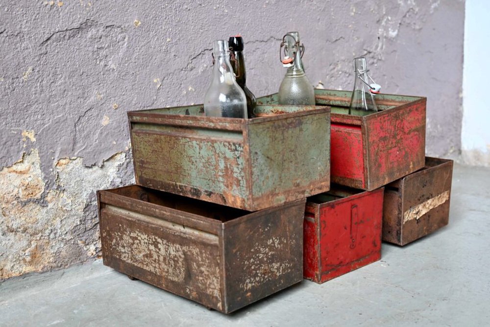 Industrial Metal Boxes, 1940s, Set of 5 for sale at Pamono