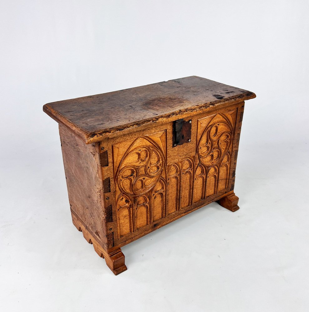 Oak Chest with Carved Gothic Panel, 1900s for sale at Pamono