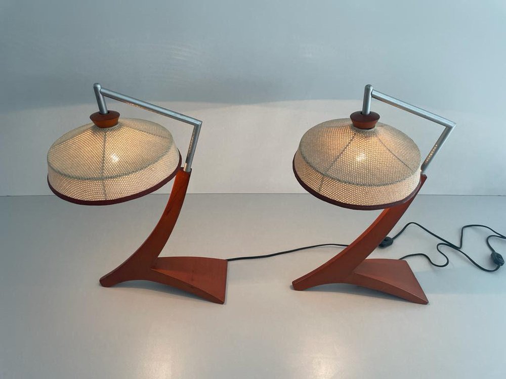 Vintage Italian Wooden and Woven Thread Shade Table Lamps, 1960s, Set ...