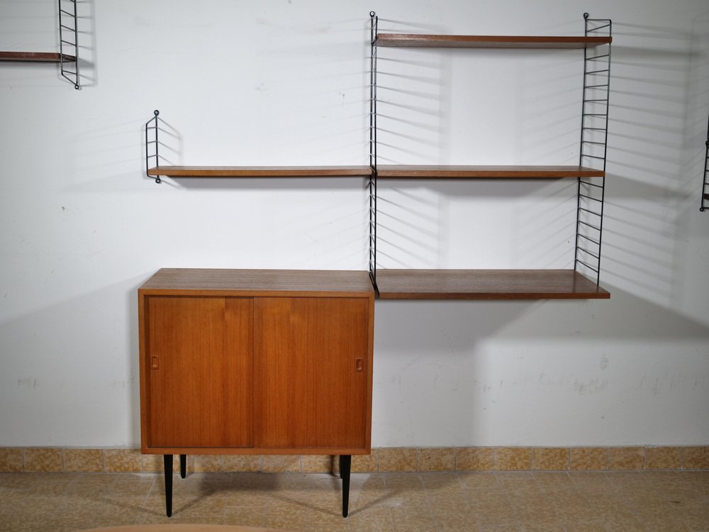 Nisse String Wall Shelf with Sideboard Made of Nut Wood by Kajsa & Nils Strinning, 1960 from ...