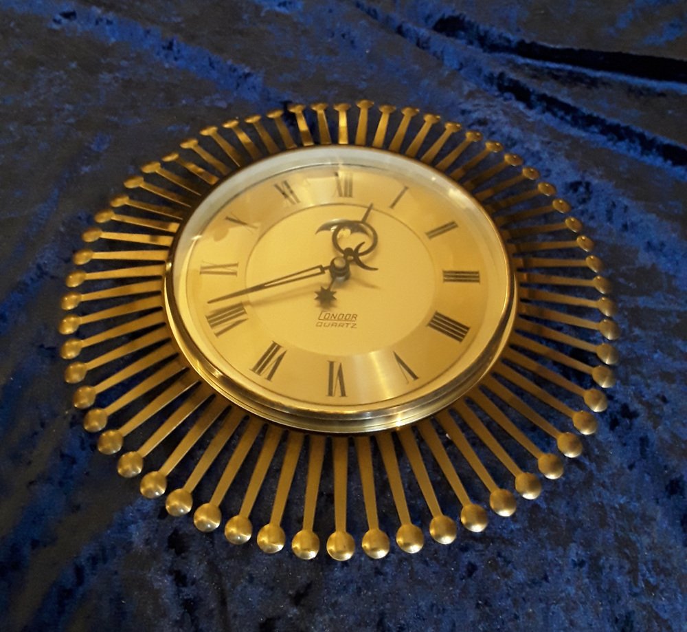 Vintage German Wall Clock in Sunburst Design with Brass Housing from ...