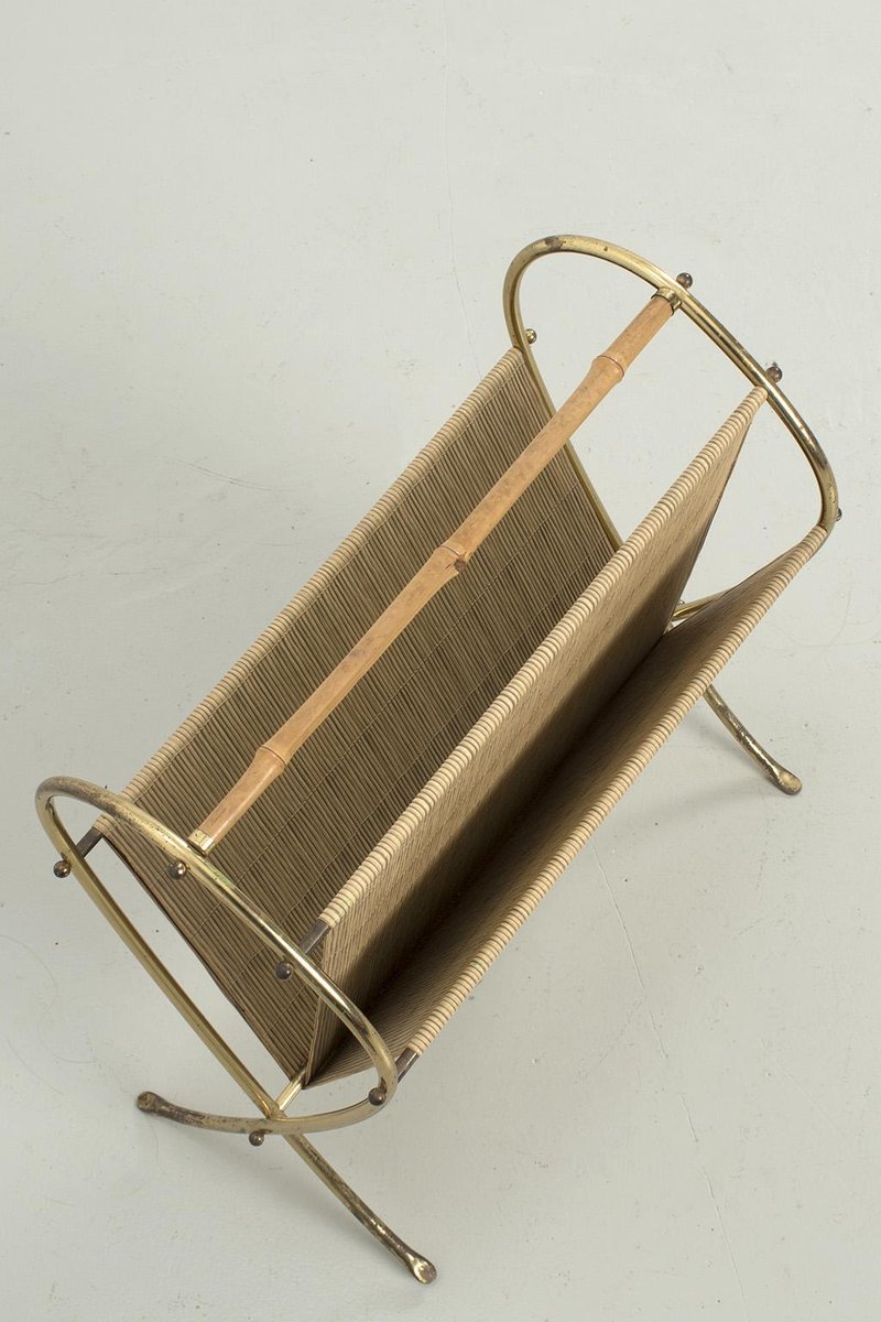 Vintage Magazine Holder in Brass and Bamboo for sale at Pamono