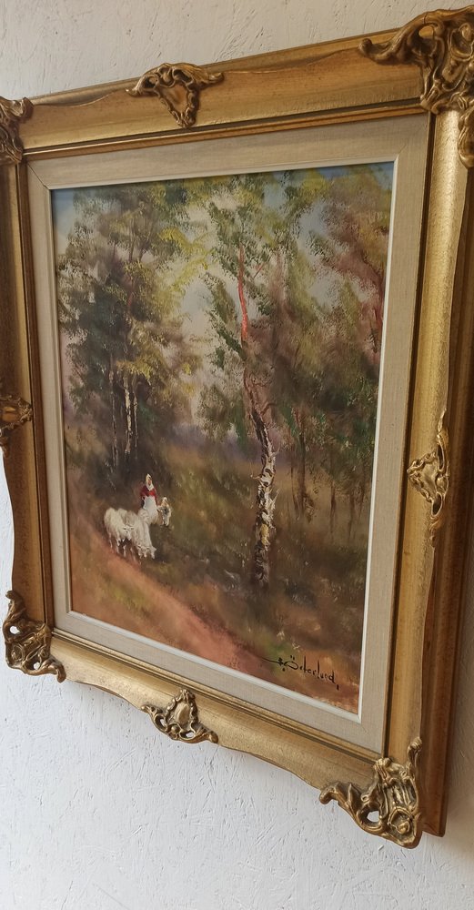 Bert Österlund, Woman Herding Sheep, 1950s, Oil on Canvas, Framed for ...