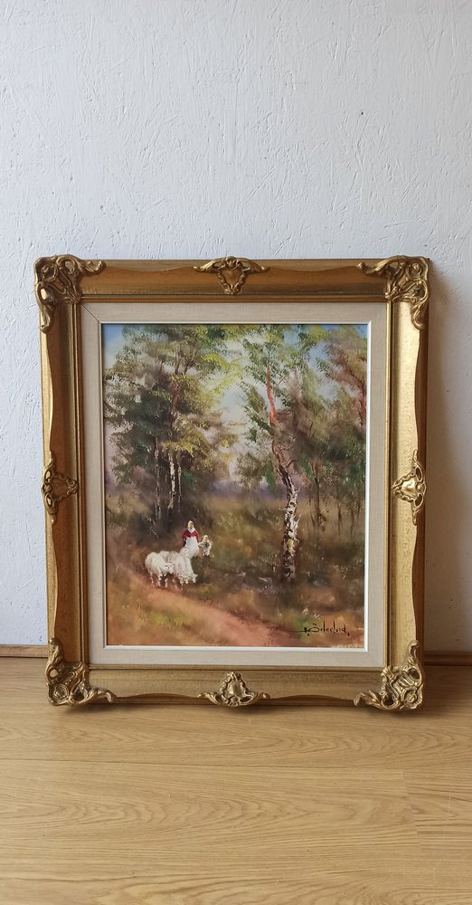 Bert Österlund, Woman Herding Sheep, 1950s, Oil on Canvas, Framed for ...