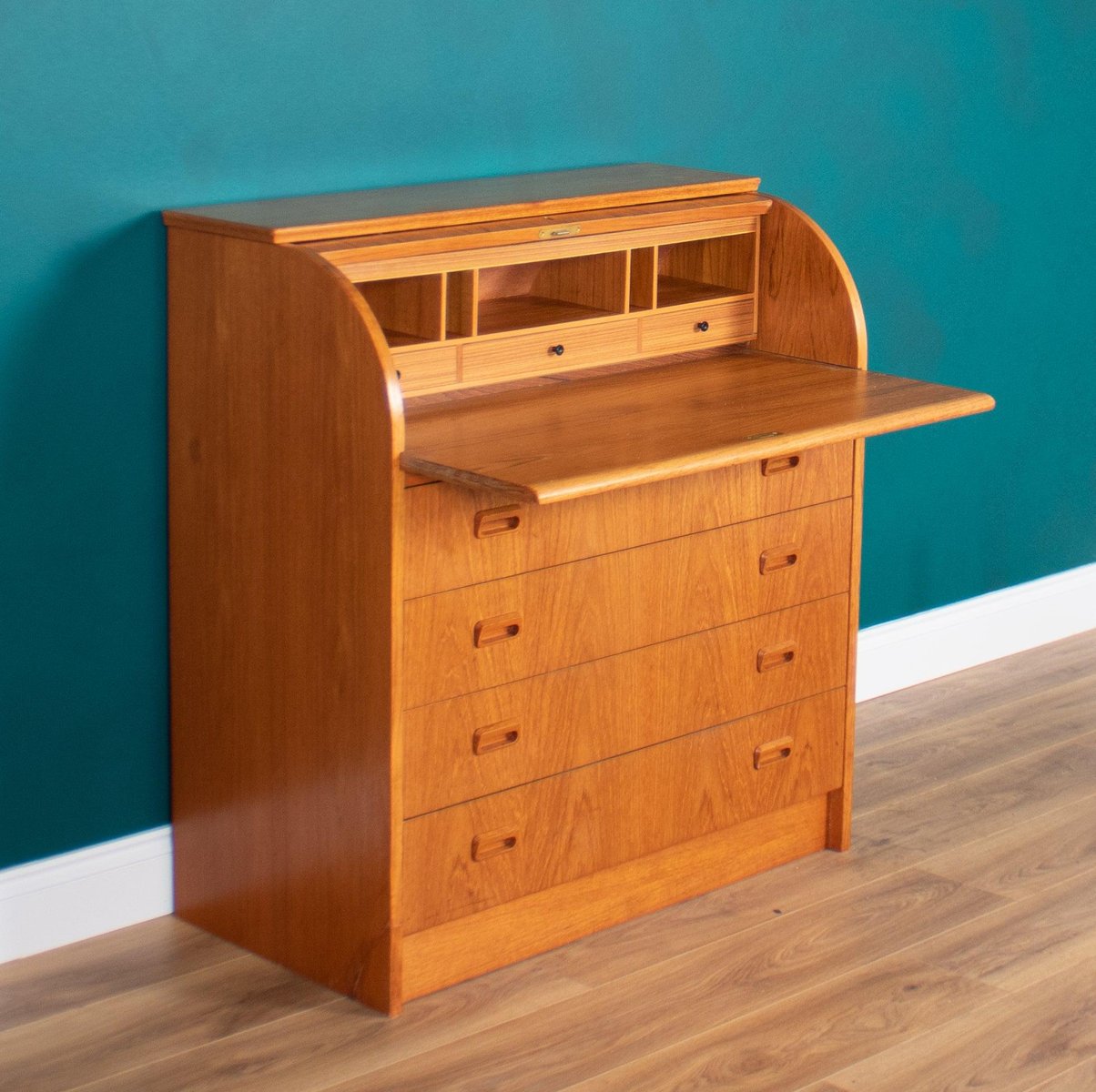 Danish Tambour Front Roll Top Bureau Writing Desk in Teak, 1960s for ...