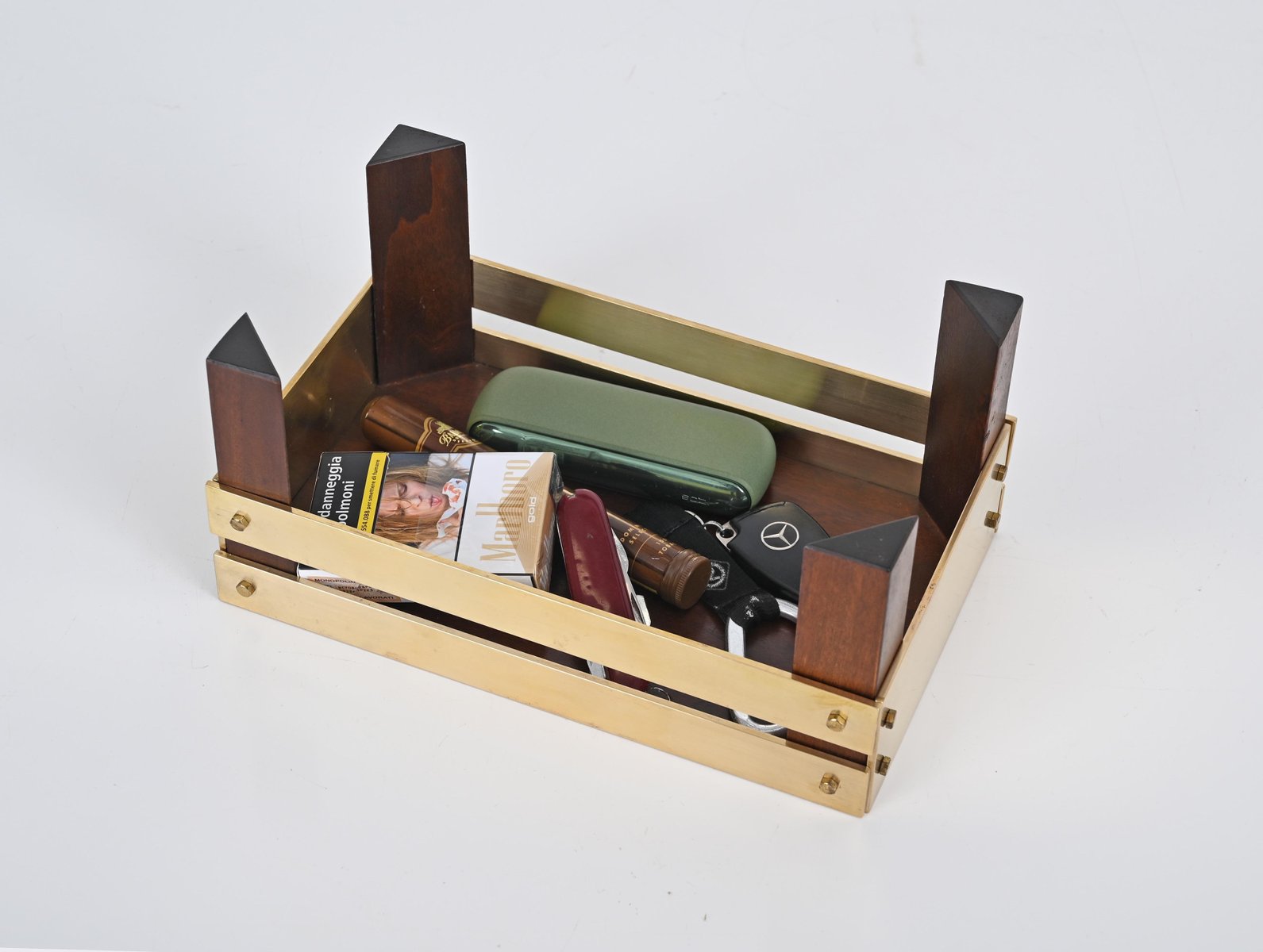 Mid-Century Brass and Walnut Pocket Emptier attributed to Tommaso Barbi ...