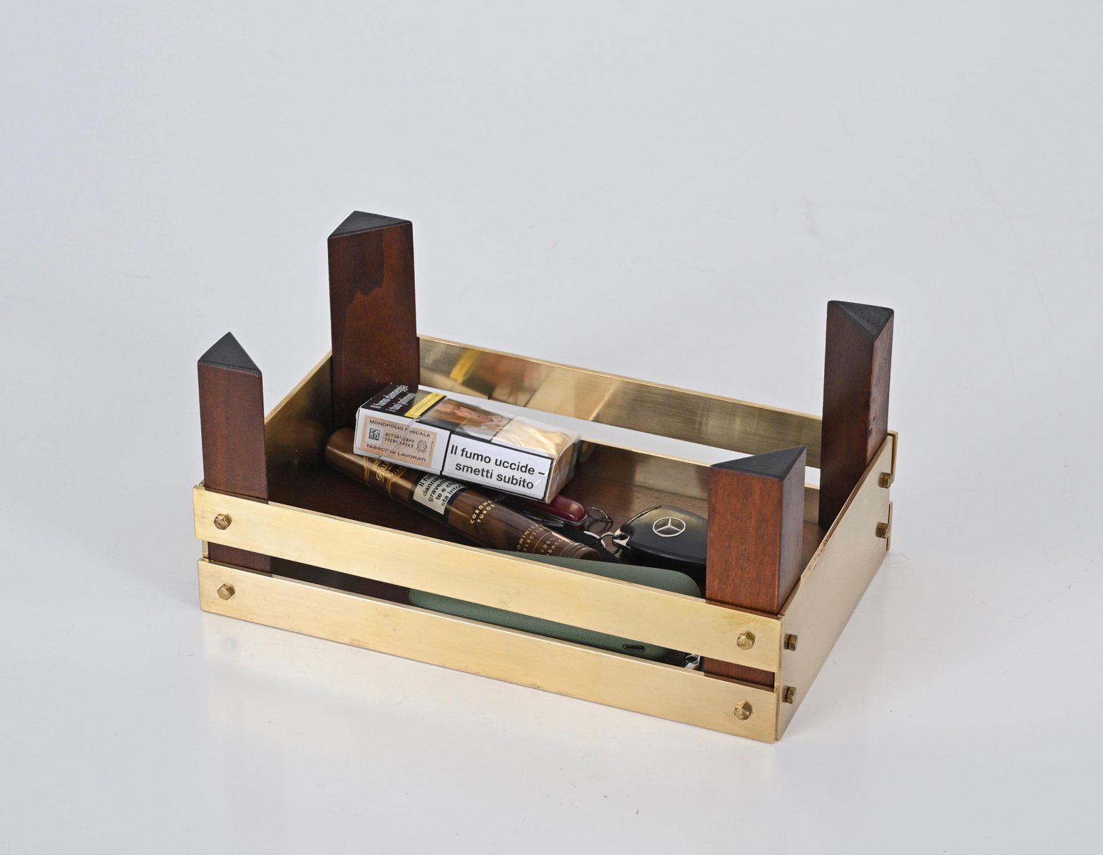 Mid-Century Brass and Walnut Pocket Emptier attributed to Tommaso Barbi ...
