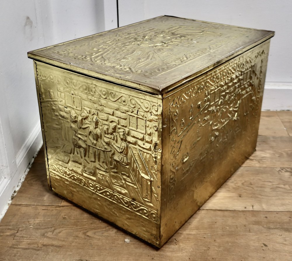 Large Embossed Brass Log Box with Tavern Scenes, 1890s for sale at Pamono