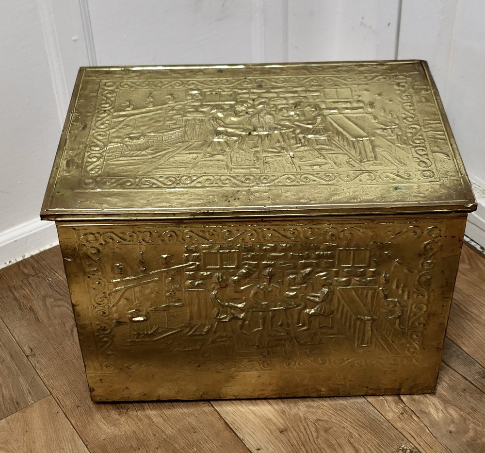 Large Embossed Brass Log Box with Tavern Scenes, 1890s for sale at Pamono
