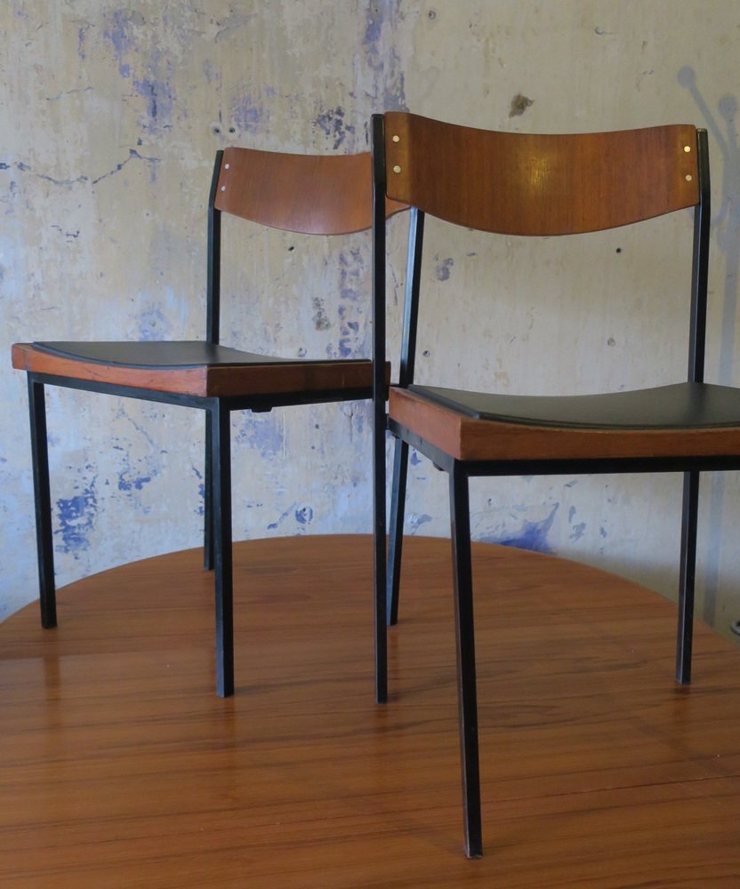 Set of Teak and Iron Stacking Chairs, 1960s for sale at Pamono