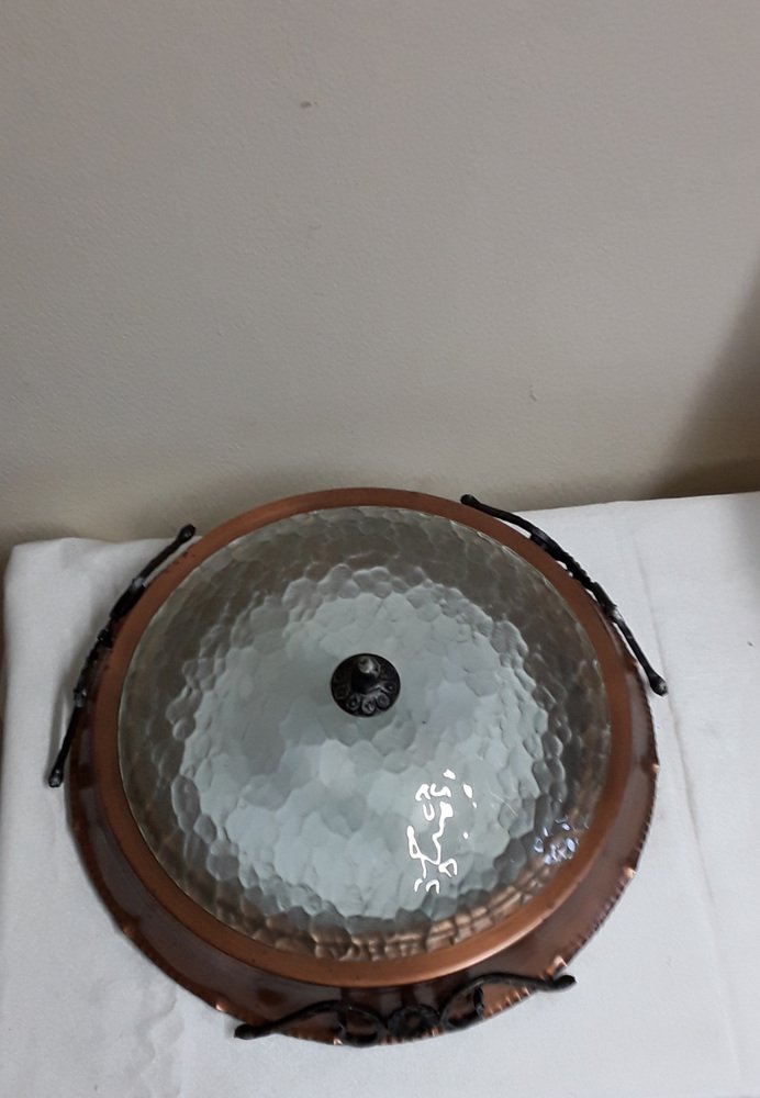 German Ceiling Lamp in Copper and Wrought Iron with Arched Glass Shade ...