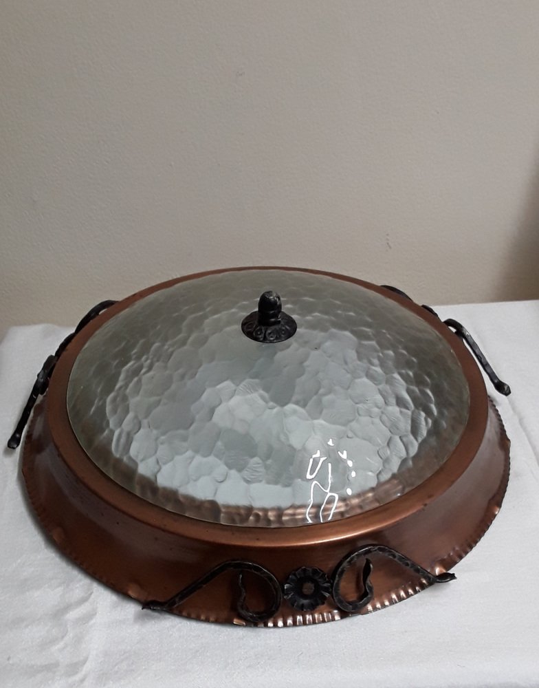 German Ceiling Lamp in Copper and Wrought Iron with Arched Glass Shade ...