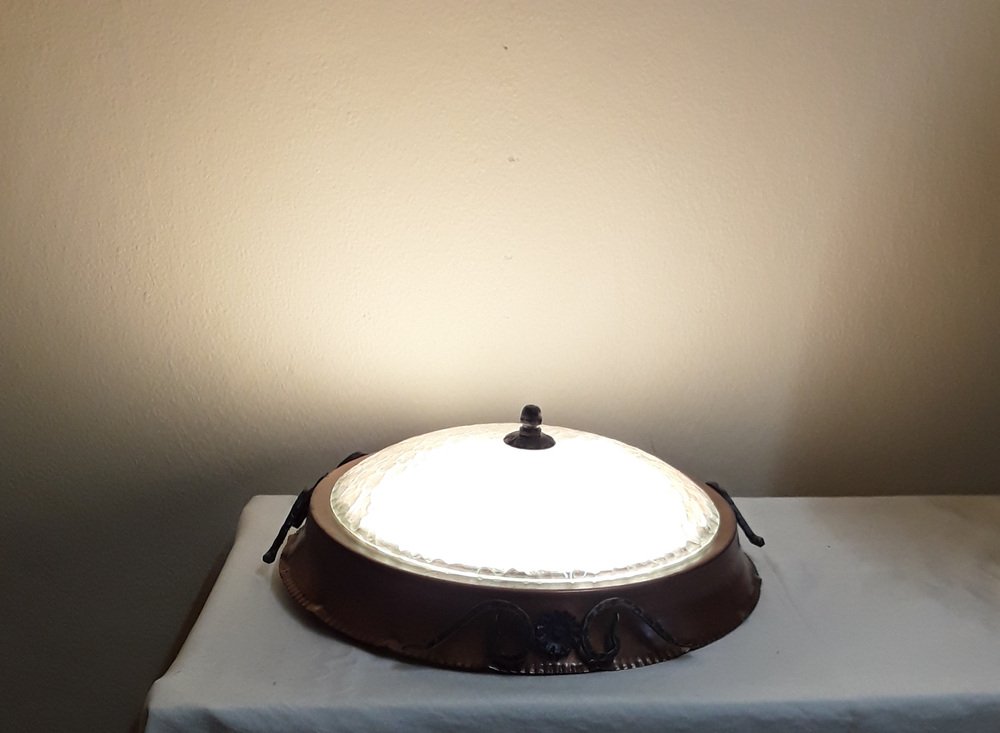 German Ceiling Lamp in Copper and Wrought Iron with Arched Glass Shade ...