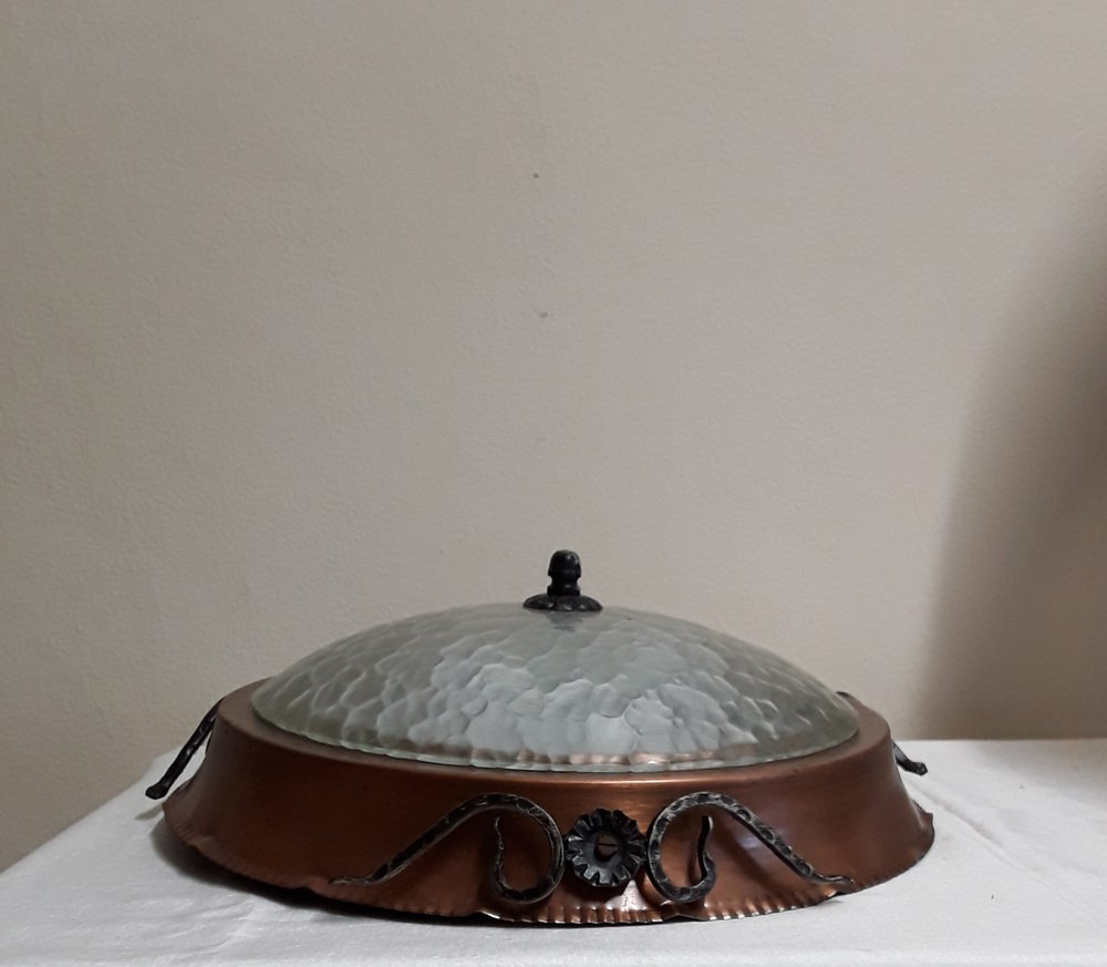 German Ceiling Lamp in Copper and Wrought Iron with Arched Glass Shade ...