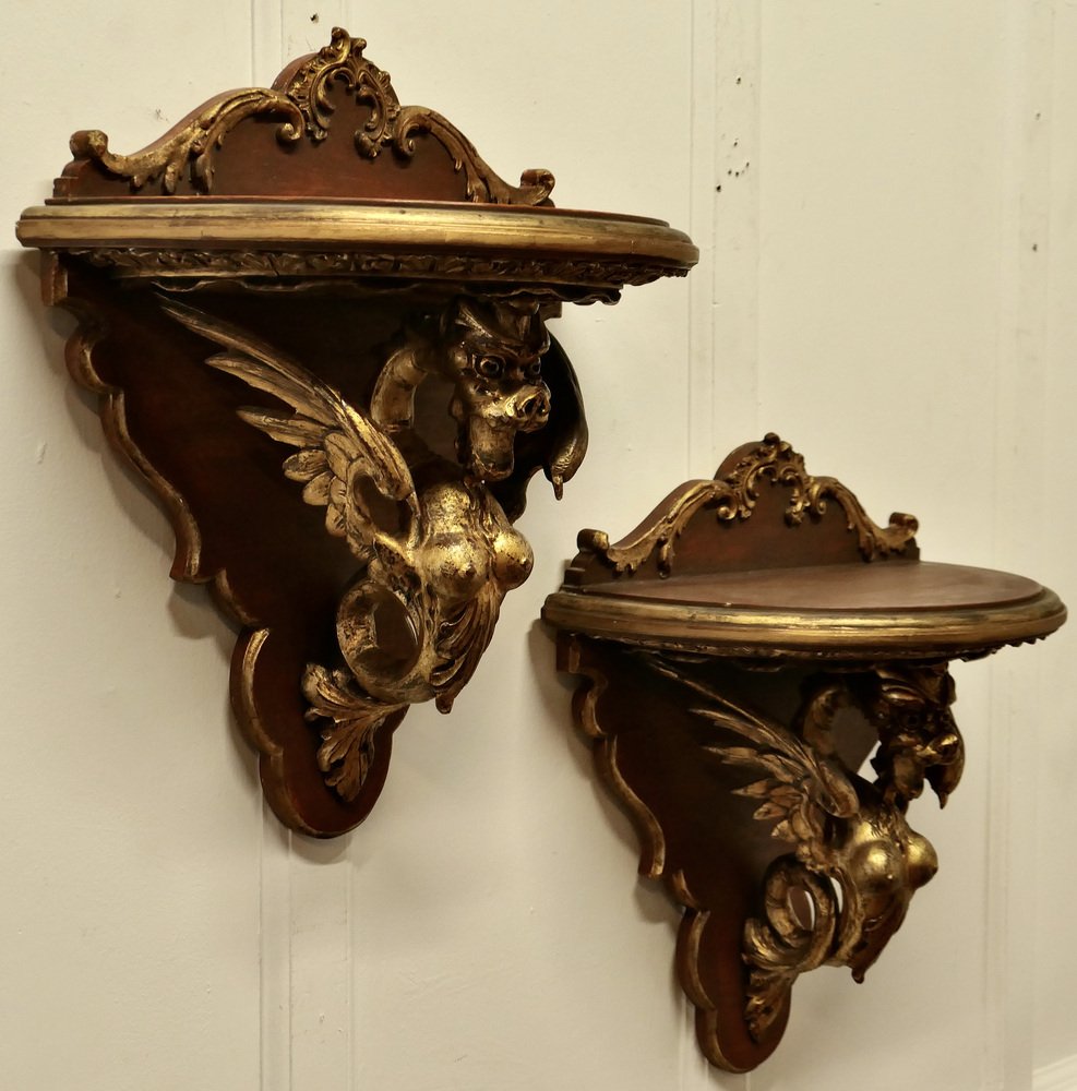 Large Italian Carved Gilt Wall Brackets, 1800s, Set of 2 for sale at Pamono