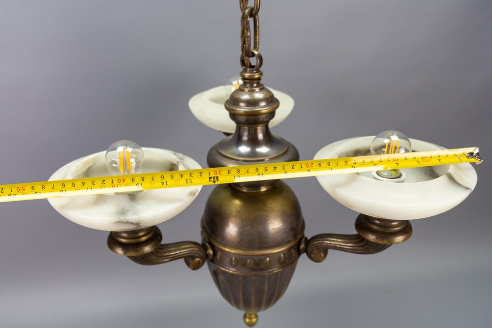 Art Deco Alabaster and Brass 3-Light Chandelier, 1930s for sale at Pamono