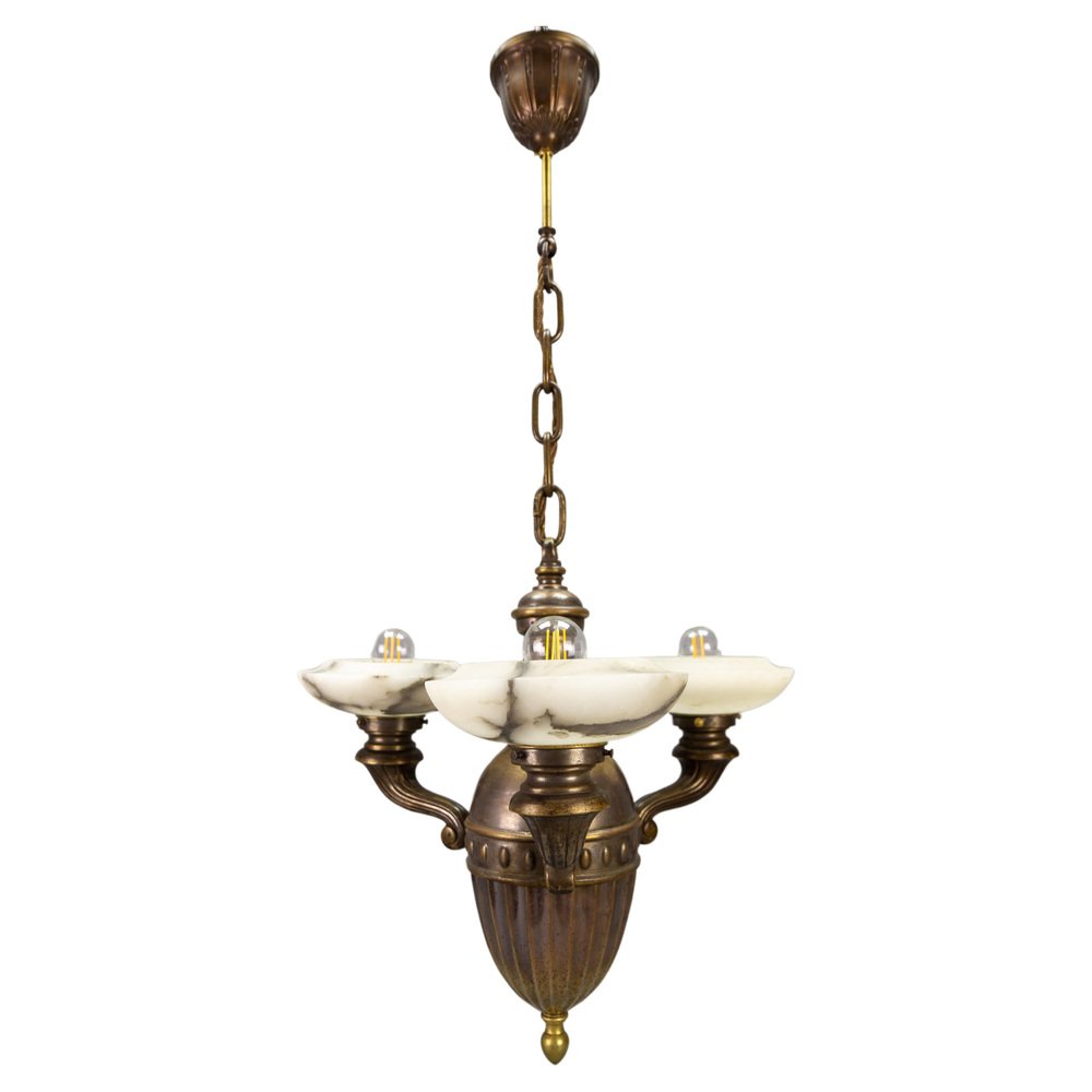 Art Deco Alabaster and Brass 3-Light Chandelier, 1930s for sale at Pamono