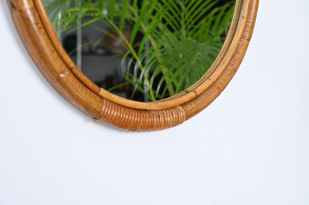 Mid-Century Italian Round Mirror with Double Bamboo and Woven Wicker ...