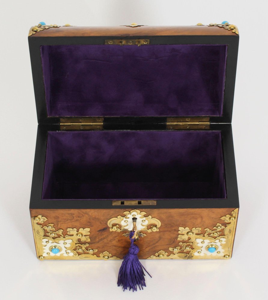 Antique Domed Chest with Key in Burr Walnut and Brass for sale at Pamono