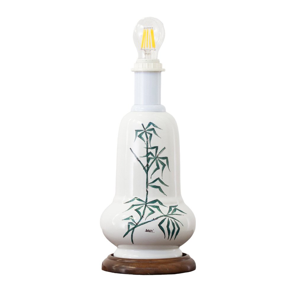 Vintage Hand-Decorated Shiny White Ceramic Table Lamp with Wooden Base ...
