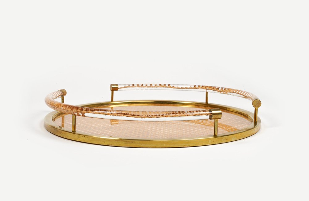 Round Serving Tray in Acrylic Glass, Rattan and Brass in the style of ...