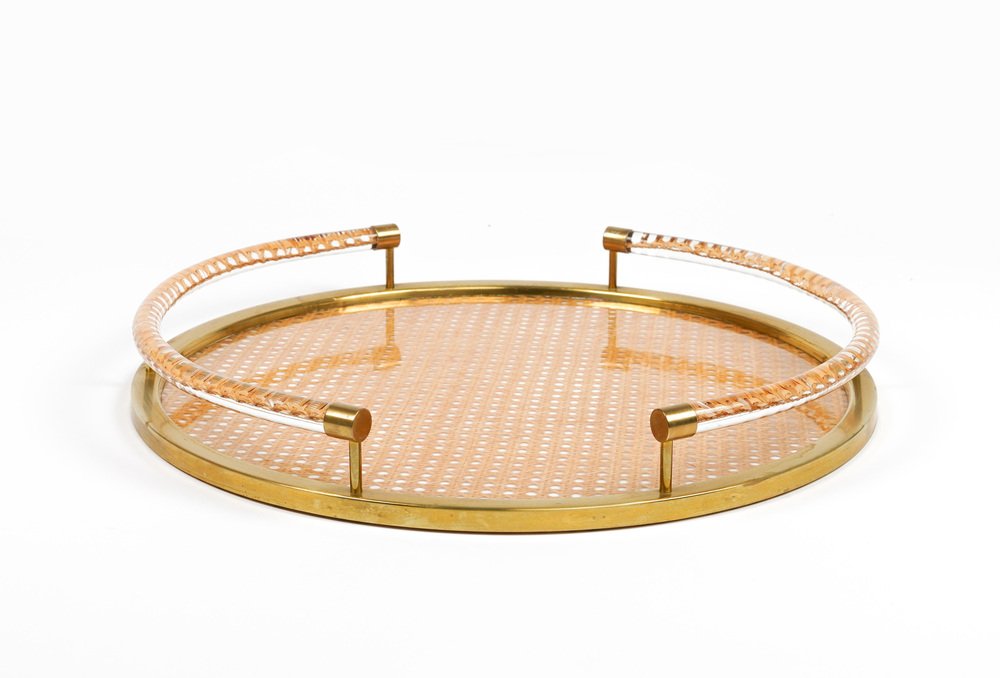 Round Serving Tray in Acrylic Glass, Rattan and Brass in the style of ...