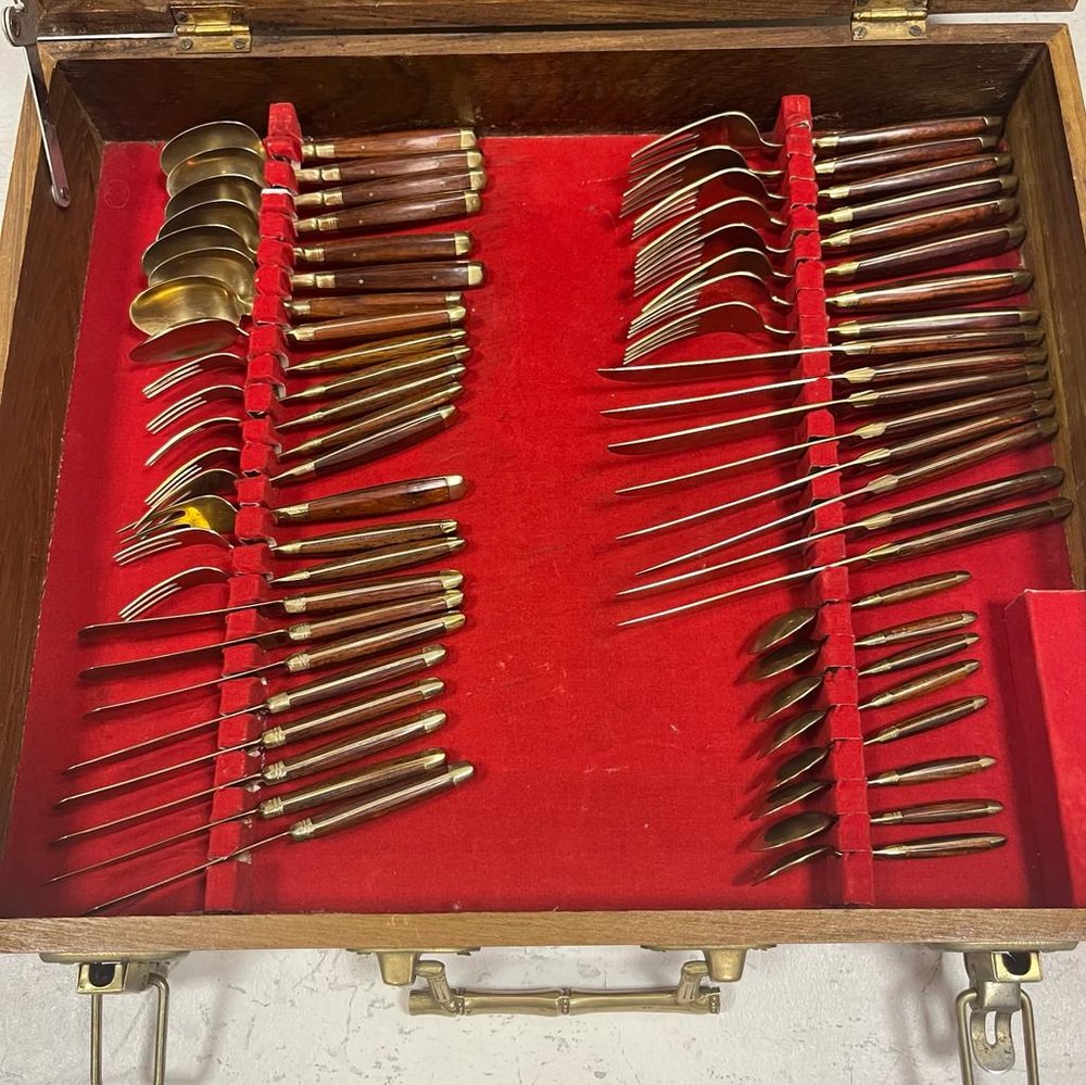 Mid-Century Italian Teak Handled Cutlery Set in Canteen, 1970s, Set of ...