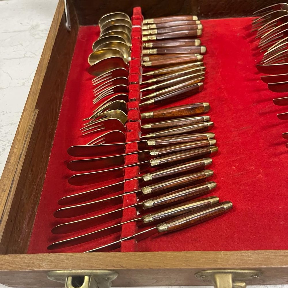 Mid-Century Italian Teak Handled Cutlery Set in Canteen, 1970s, Set of ...