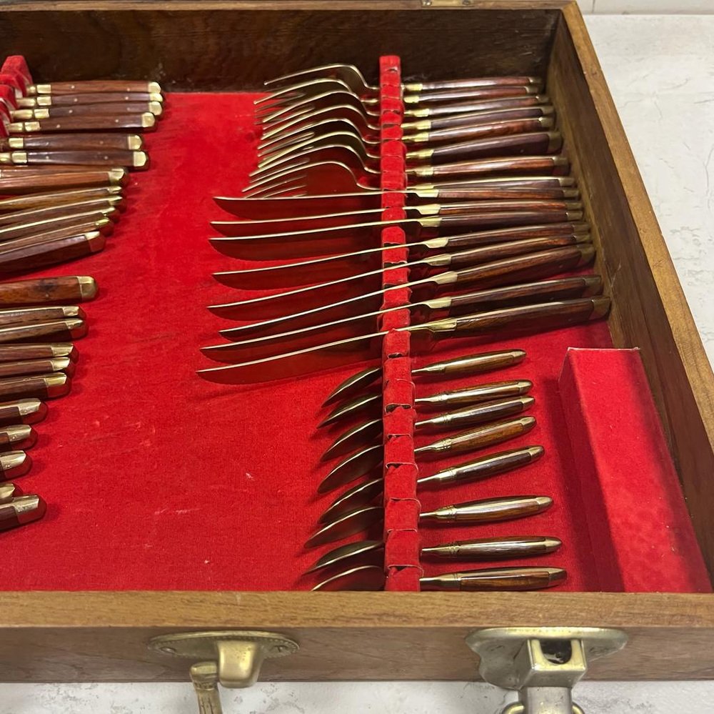 Mid-Century Italian Teak Handled Cutlery Set in Canteen, 1970s, Set of ...