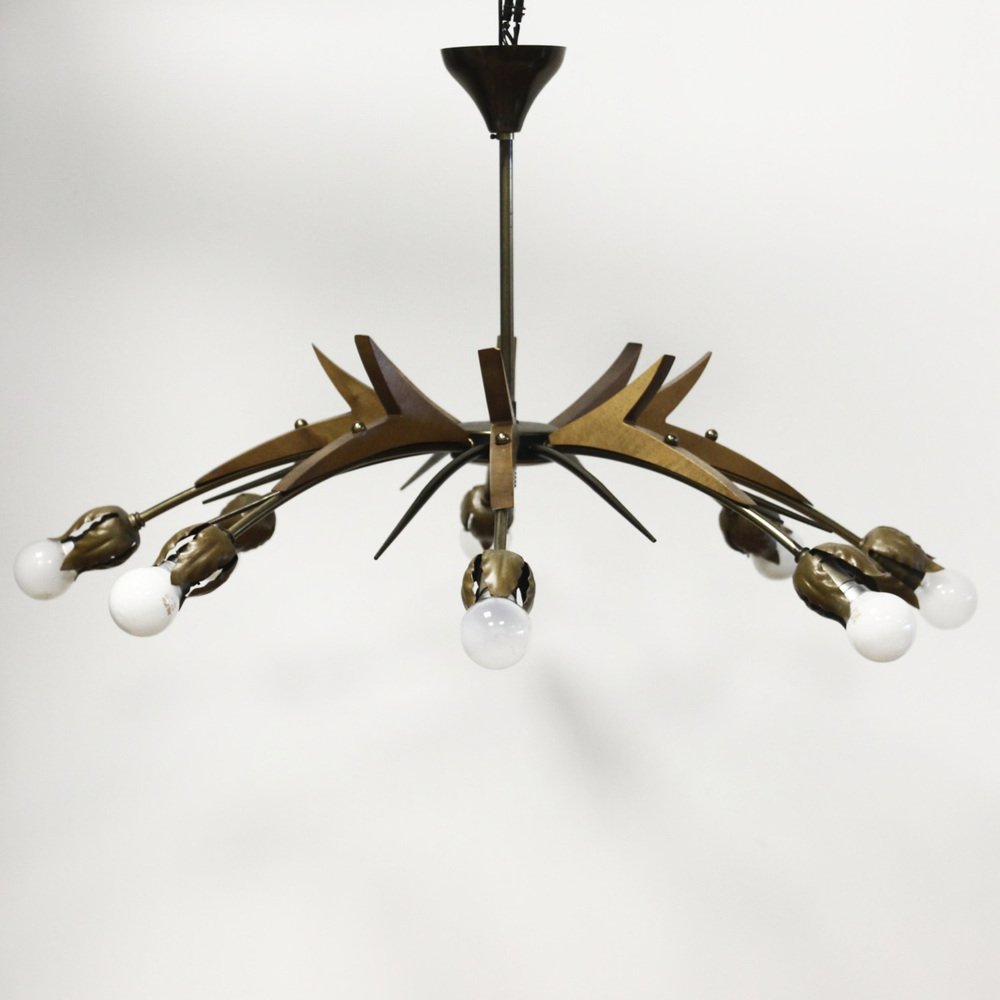 Lustre avec Bras en Cuivre, Laiton et Teck dans le style de Stilnovo ...