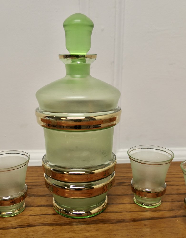 Green and Gold Glass Sherry Decanter and Glasses, 1950s, Set of 5 for ...