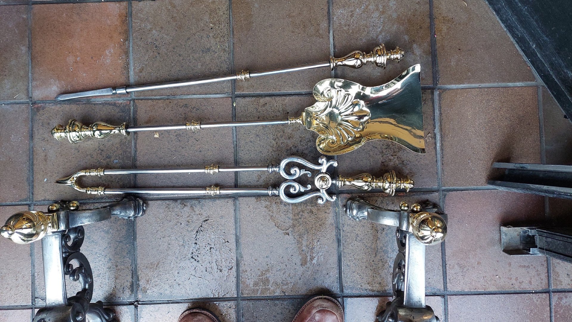 Victorian Brass and Cast Iron Fire Tools with Andirons, Set of 5 for ...