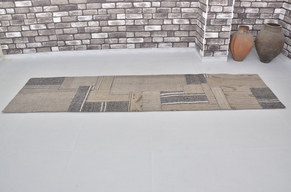 Kurdish Handwoven Neutral Kilim Runner Rug, 1960s for sale at Pamono