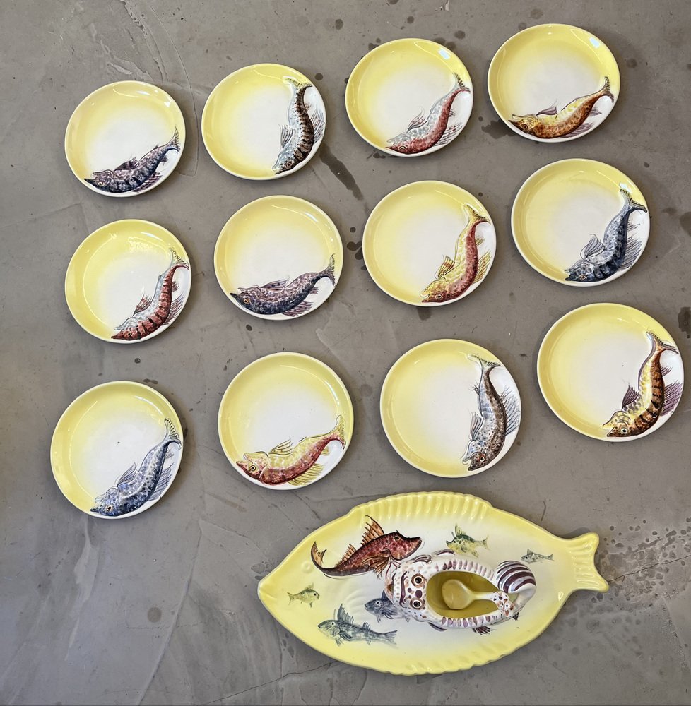 Service of 12 Fish Plates, Large Long Dish and Saucer, Set of 14 for ...