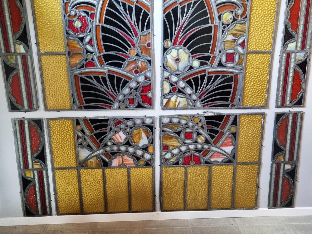 Large Art Deco Architectural Stained Glass Window Panels, 1920s, Set of ...