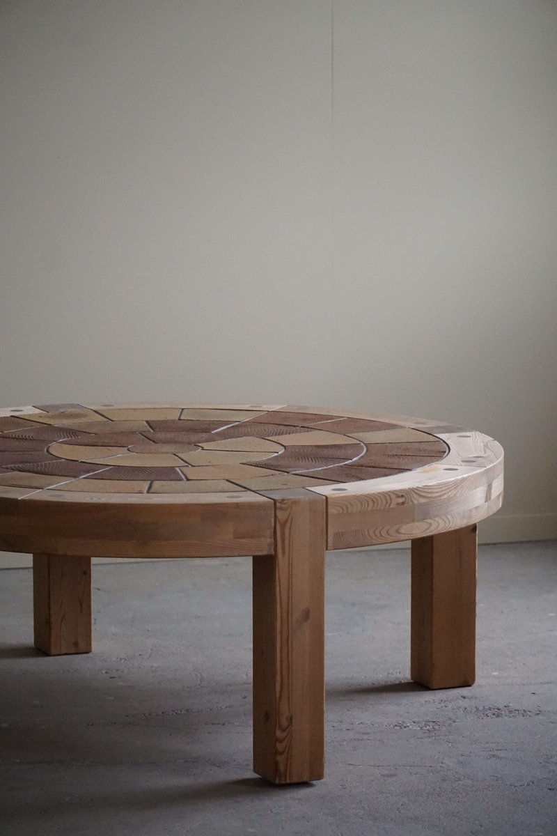 Large Round Coffee Table in Pine & Ceramic, Denmark, 1970s for sale at ...