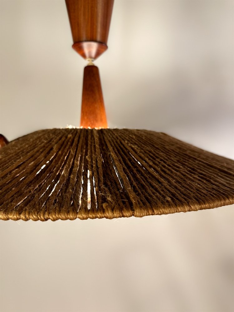 Large Rise and Fall Pendant Lamp in Teak, Raffia and Ice Glass from ...