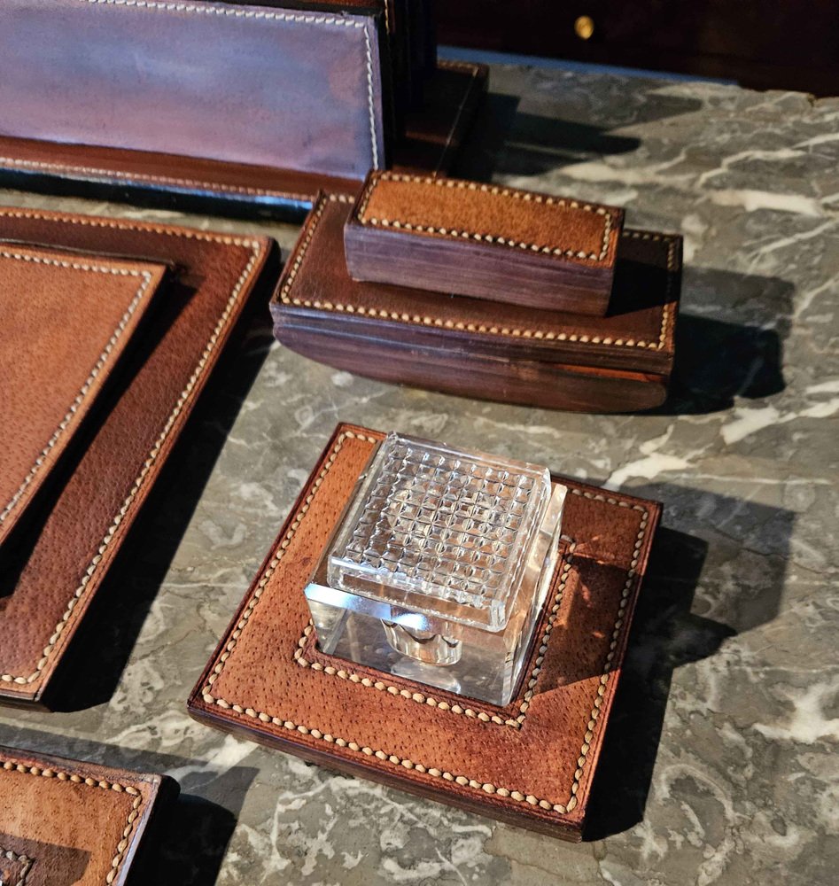 Vintage Desk Objects in Leather, 1950s, Set of 8 for sale at Pamono