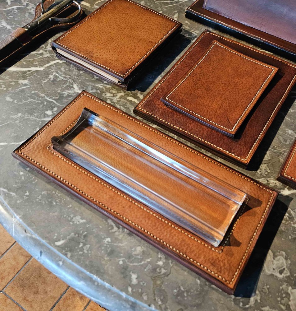 Vintage Desk Objects in Leather, 1950s, Set of 8 for sale at Pamono