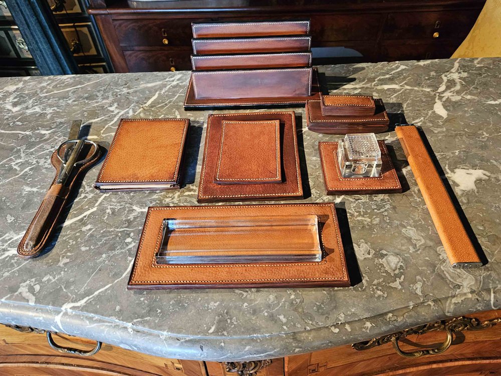 Vintage Desk Objects in Leather, 1950s, Set of 8 for sale at Pamono
